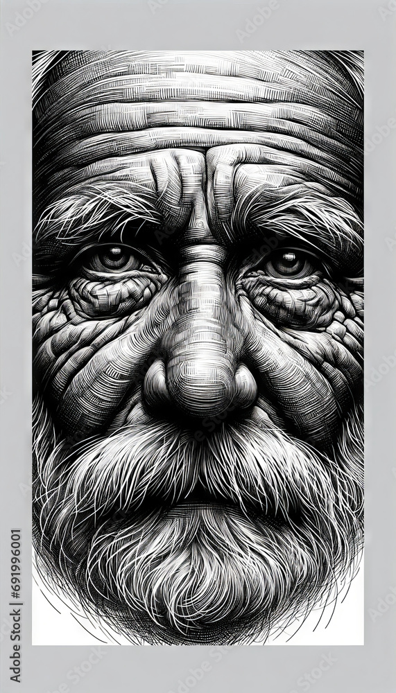A detailed and expressive portrait of an elderly man's face with deep ...