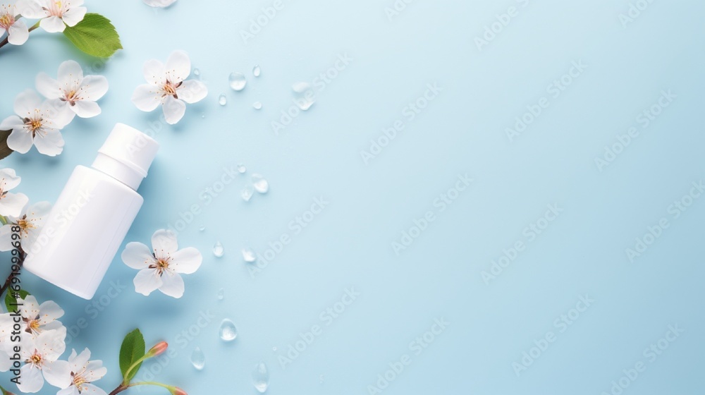 Beauty background with facial cosmetic products, leaves and cherry ...