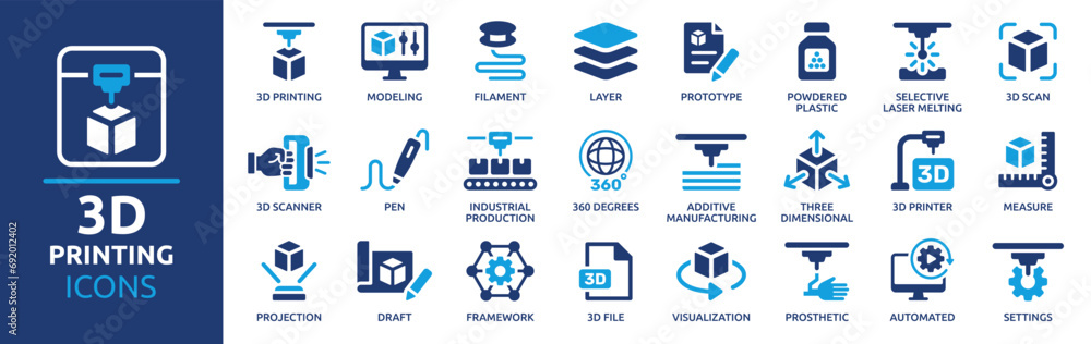 3D printing icon set. Containing 3D printer, modeling, filament, 3D ...