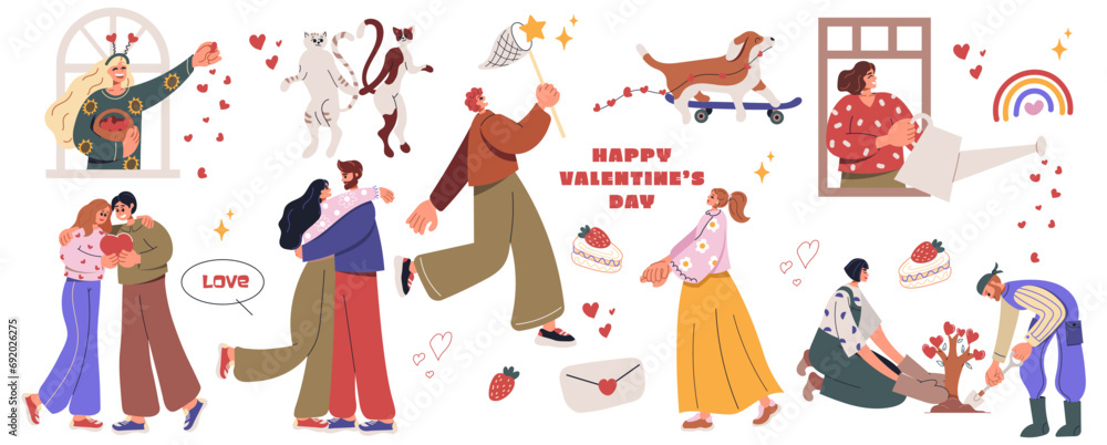 Set of cartoon characters people sharing love, celebrate valentine's ...