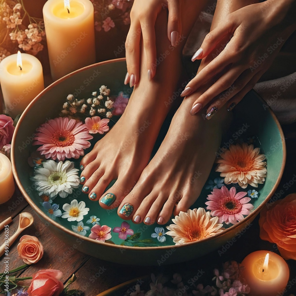 Relaxing foot bath. Women's feet bathing in bowl with flowers at spa ...