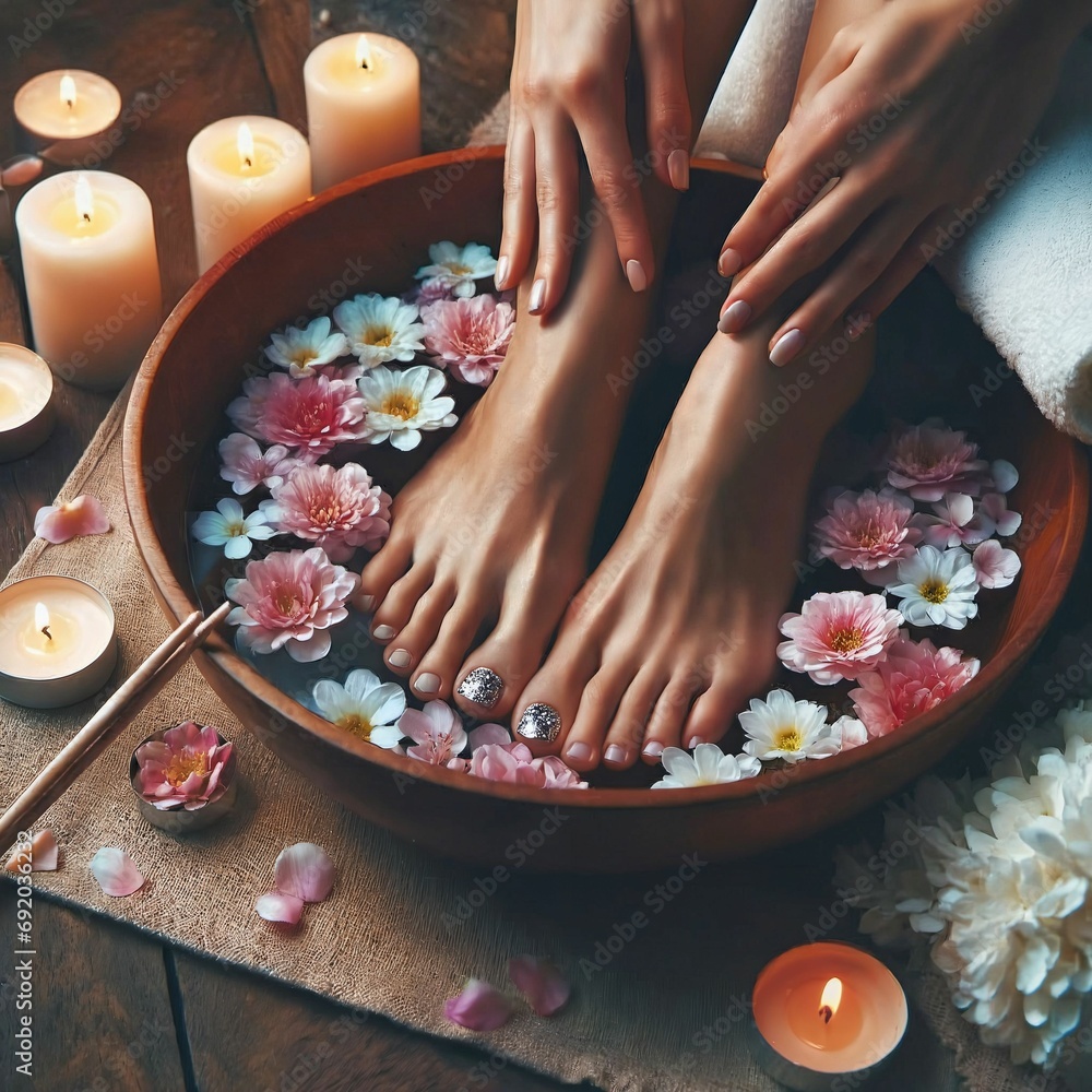 Relaxing foot bath. Women's feet bathing in bowl with flowers at spa ...