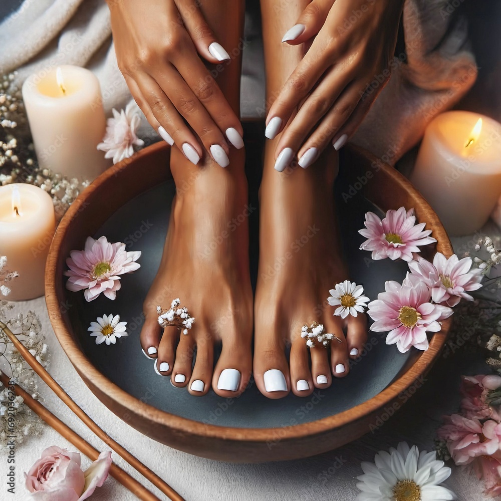 Relaxing foot bath. Women's feet bathing in bowl with flowers at spa ...