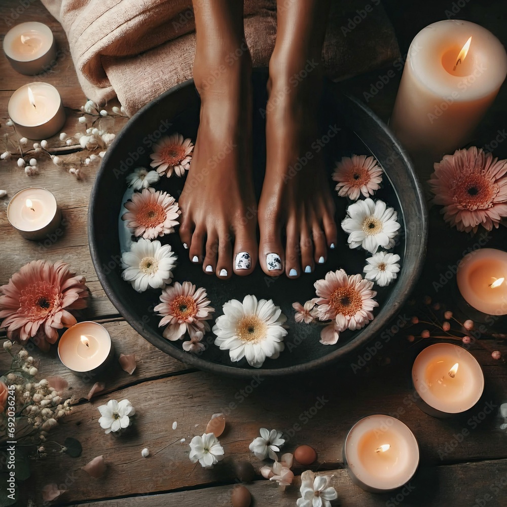 Relaxing foot bath. Women's feet bathing in bowl with flowers at spa ...