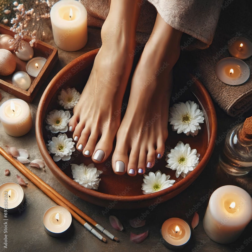 Relaxing foot bath. Women's feet bathing in bowl with flowers at spa ...
