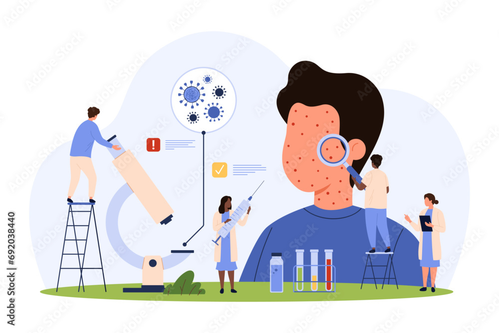 Diagnosis of infectious contagious disease, measles. Tiny people with ...