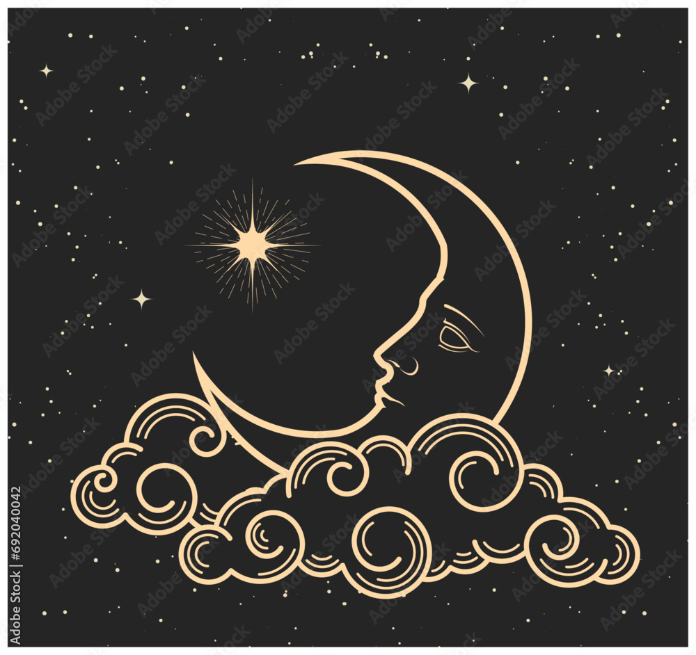Mystic half-moon with face sleeps on clouds, crescent and guiding pole ...