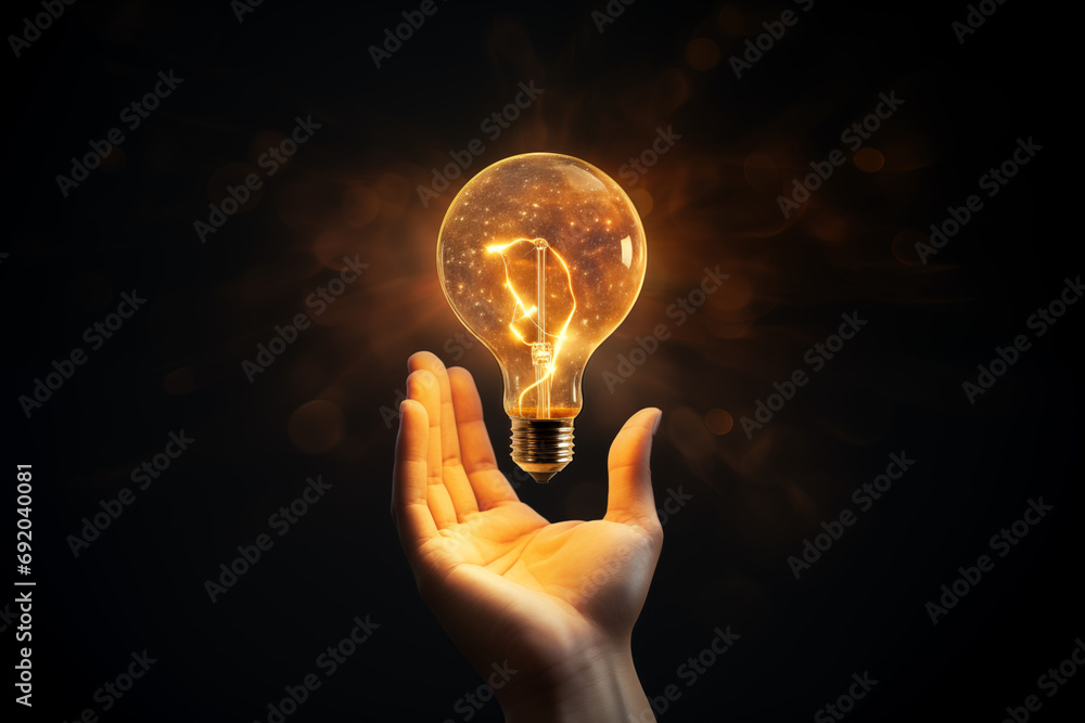 Person holding floating glowing light bulb lamp with two hands. Idea ...