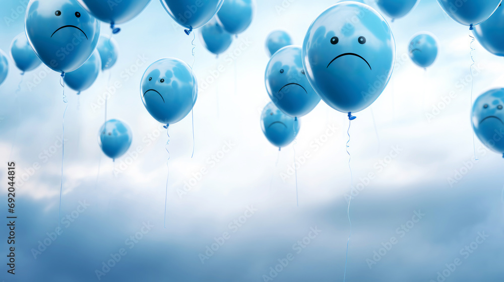 Blue balloons, are filled sadness and unhappiness, with depressed faces ...