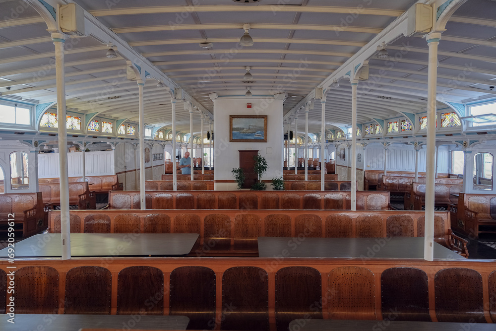 Classic historic interiors of old ferry boat ship liner with wooden ...
