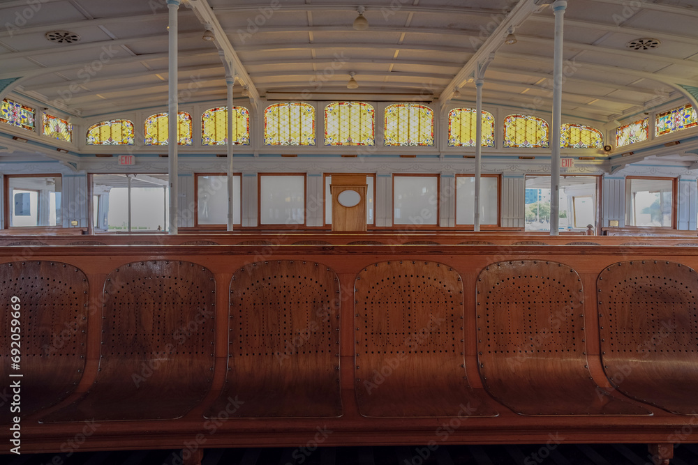 Classic historic interiors of old ferry boat ship liner with wooden ...