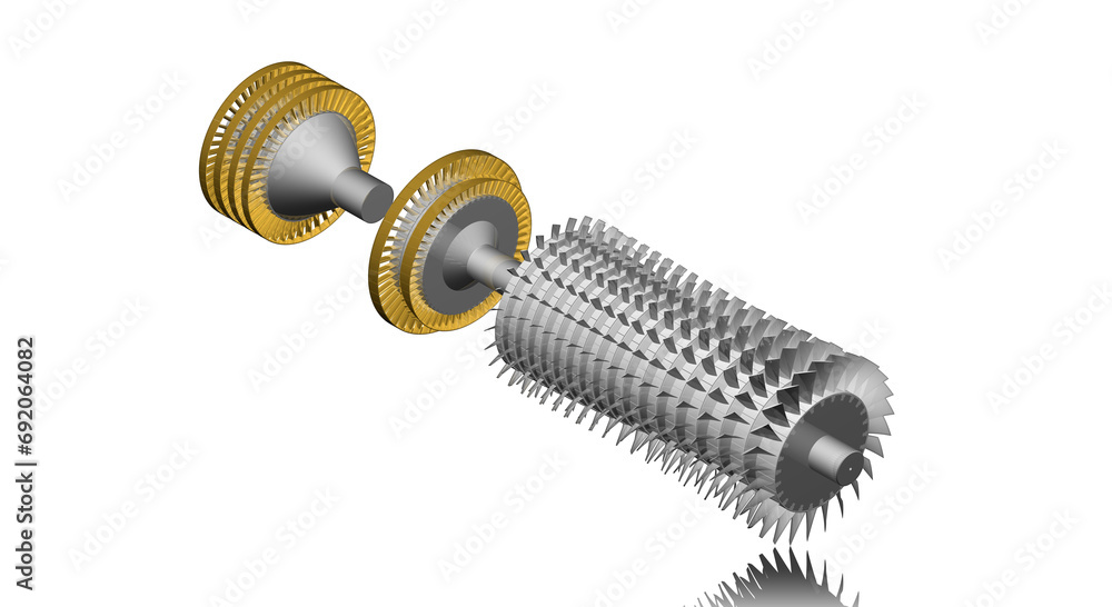 Gas turbine turbomachinery rotor illustration showing several stages of ...