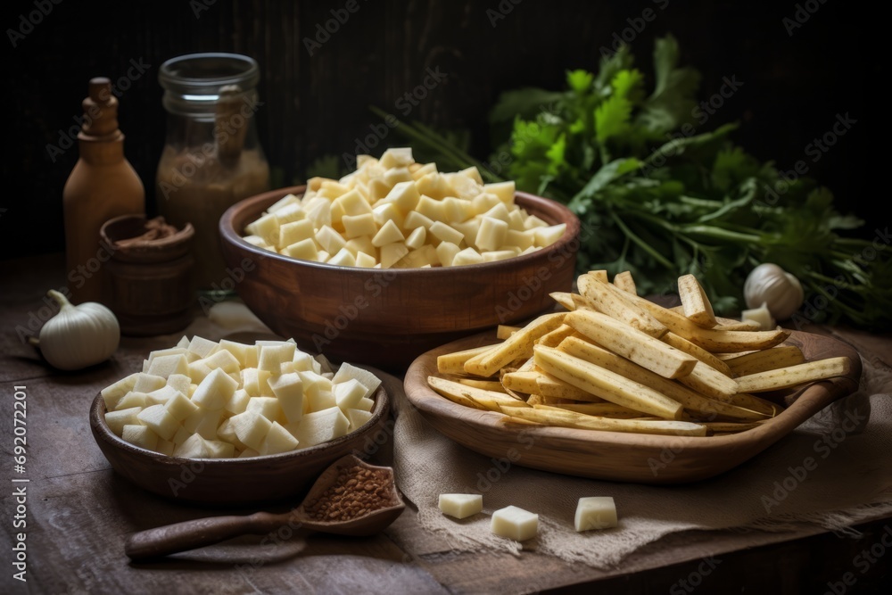 An eye-catching display of Yucca root in various stages of preparation ...