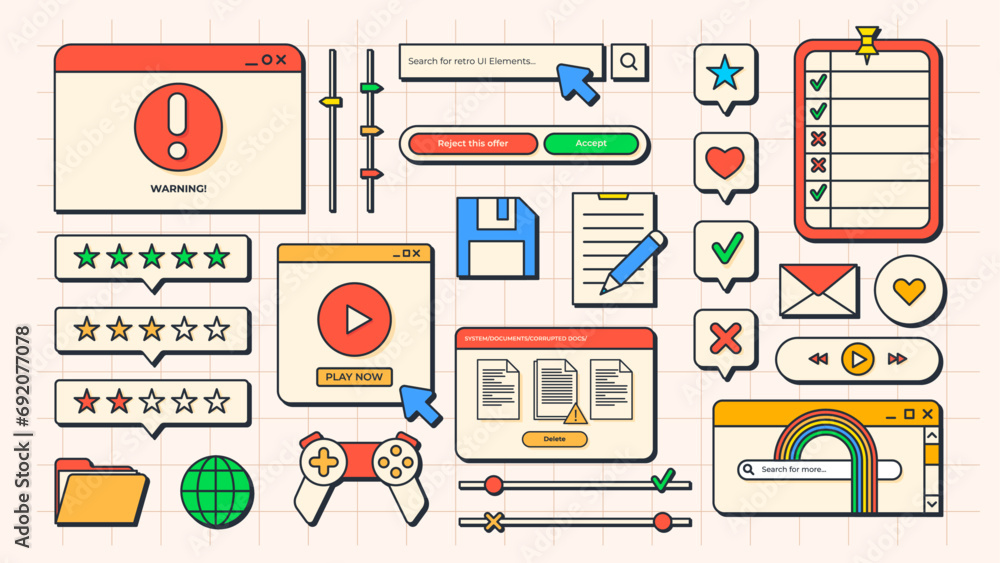 26 Flat Cartoon User Interface Elements. Old Computer Screen. Retro ...