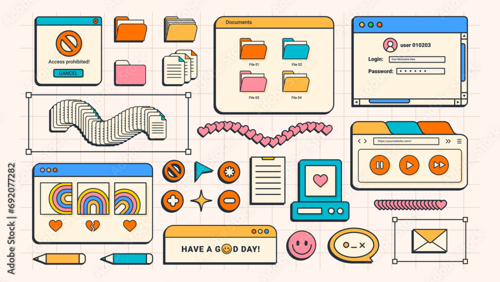 26 Flat Cartoon User Interface Elements. Old Computer Screen. Retro ...