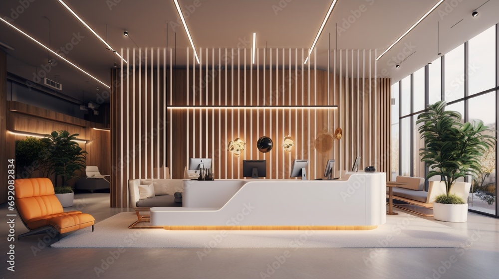 An inviting gym reception area, showcasing a white and wooden interior ...