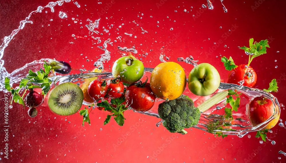 Fruits and vegetables flying with water splash red background Stock ...