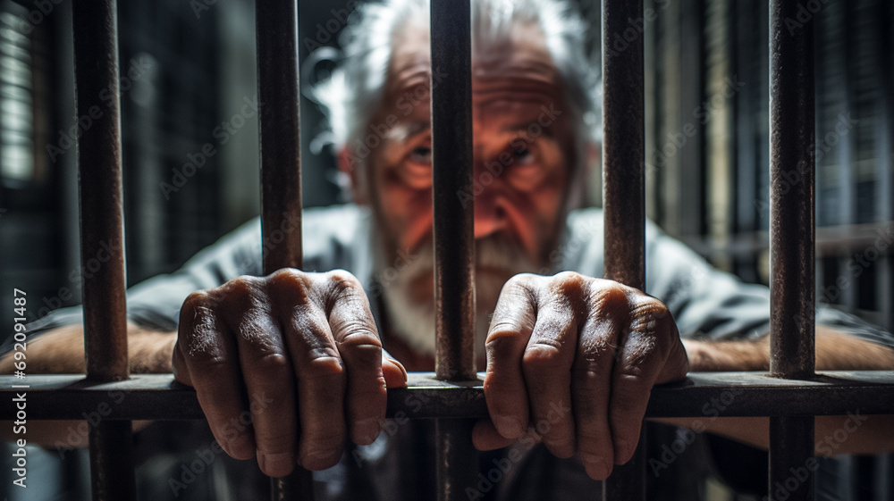 Elderly criminal in the prison uniform looking directly at the camera ...