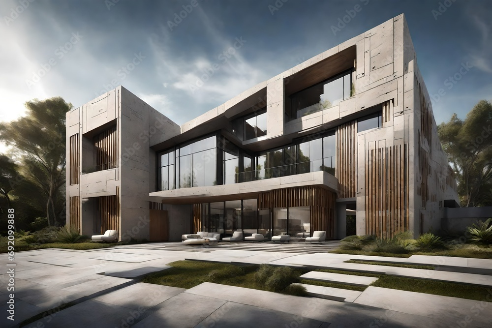 A modern architectural marvel with an exterior fa? section ade composed ...