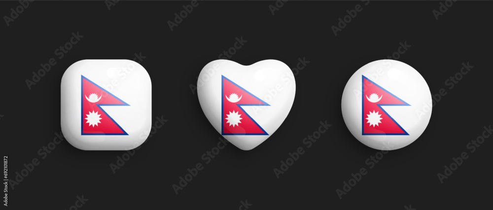 Nepal Official National Flag 3D Vector Glossy Icons In Rounded Square, Heart And Circle Form ...