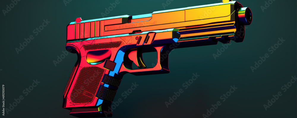 Vivid colored handgun on black background. Glock pistol weapon in ...