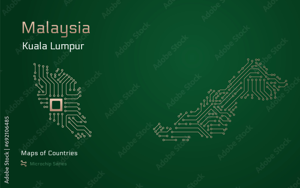 Malaysia Glossy Map with a capital of Kuala Lumpur Shown in a Microchip ...