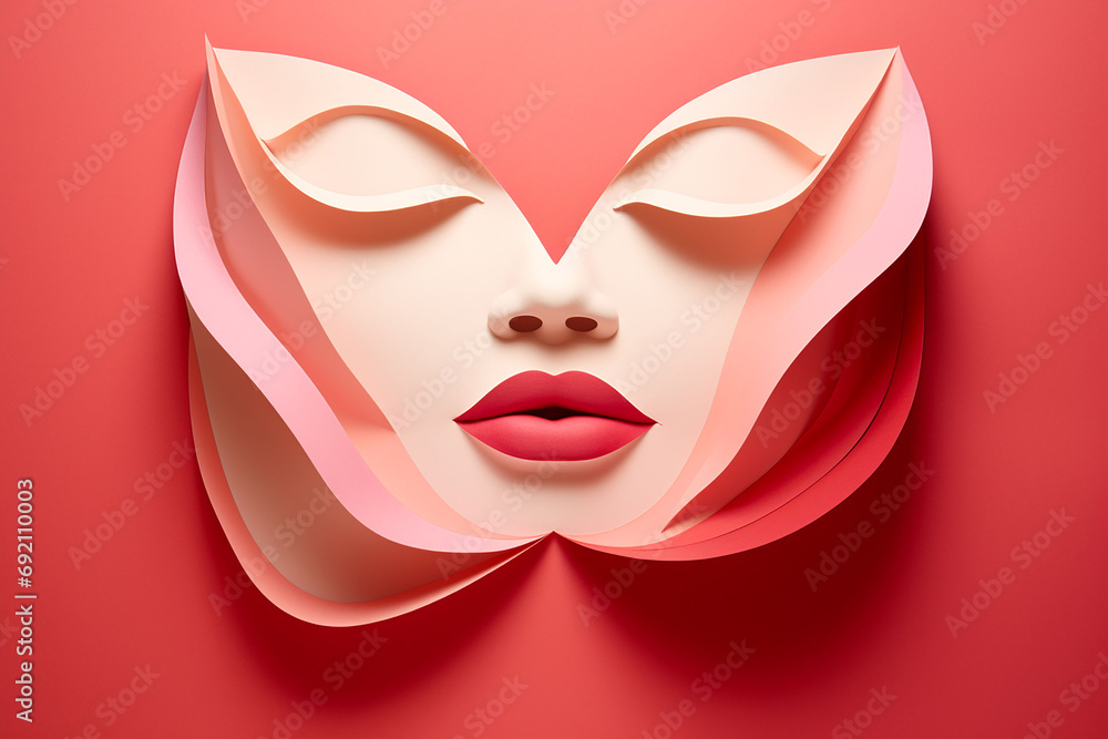 Paper face with red lips on a red background. 3d rendering Stock ...