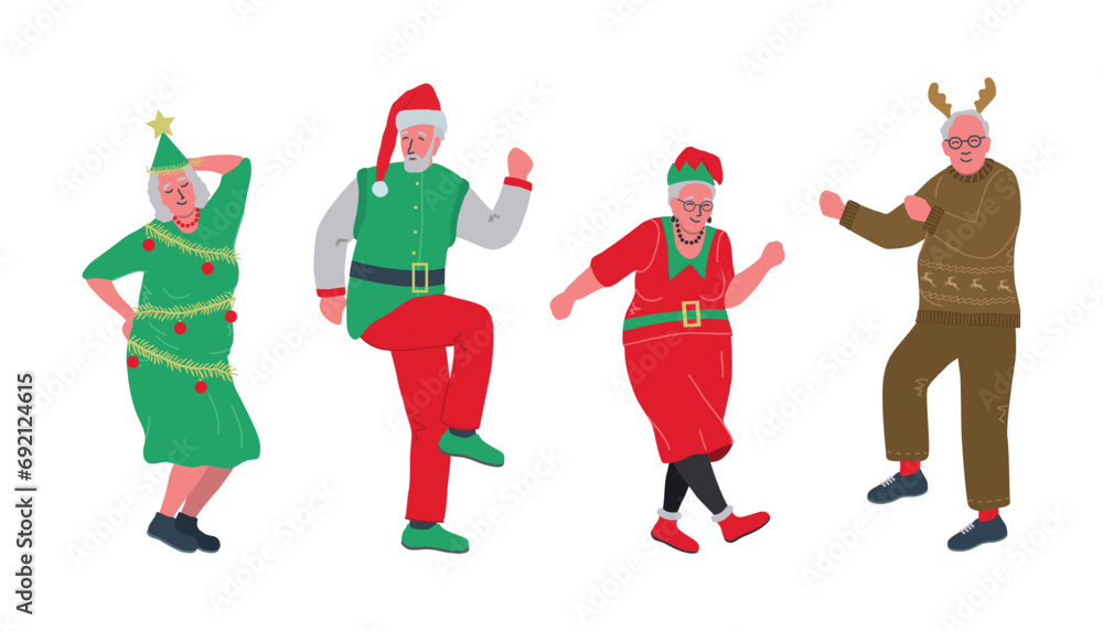 Christmas party. Elderly people in Christmas costumes are dancing and ...