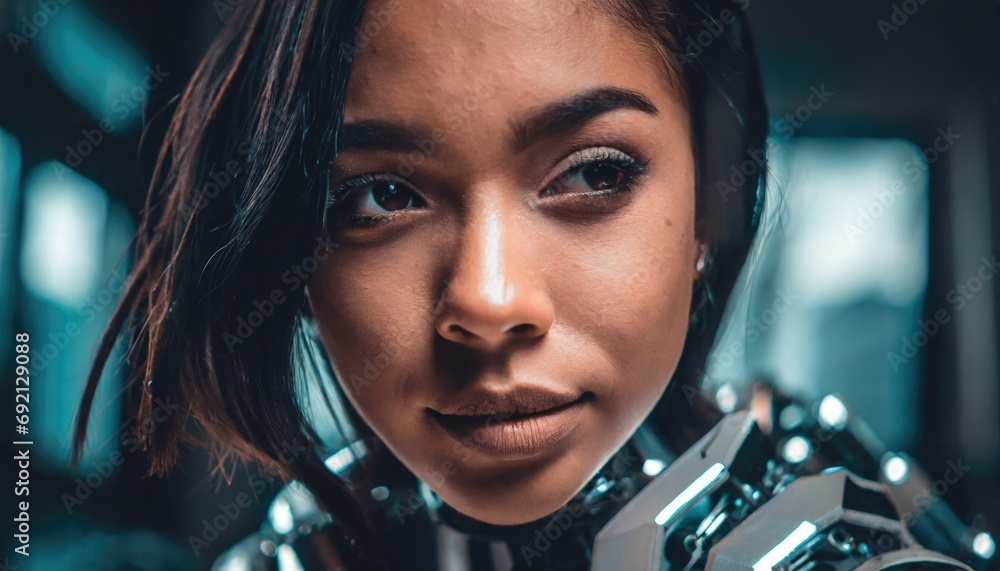 young woman with technological body parts of a robot or humanoid ...