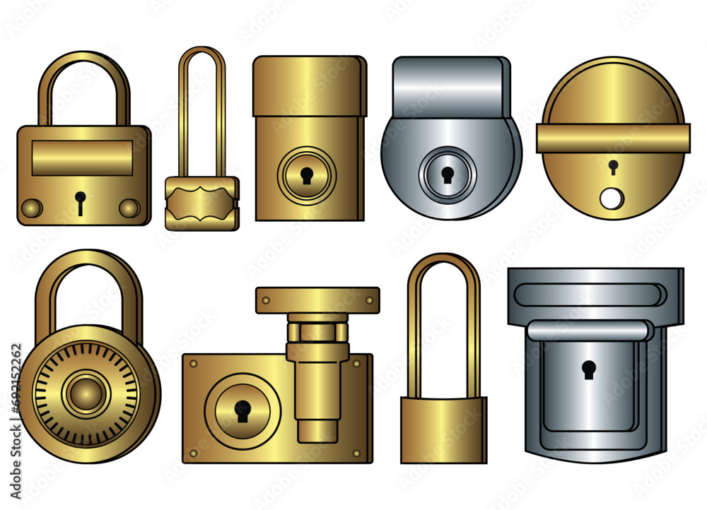 Padlock types flat sketch vector illustration, set of closed pad lock ...