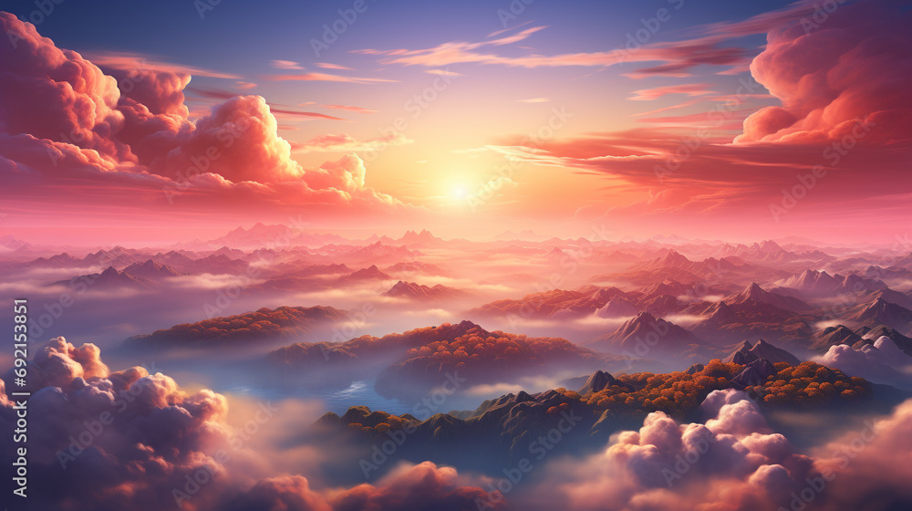 Peaceful sunset sky with fluffy clouds, Viewed from high altitude ...