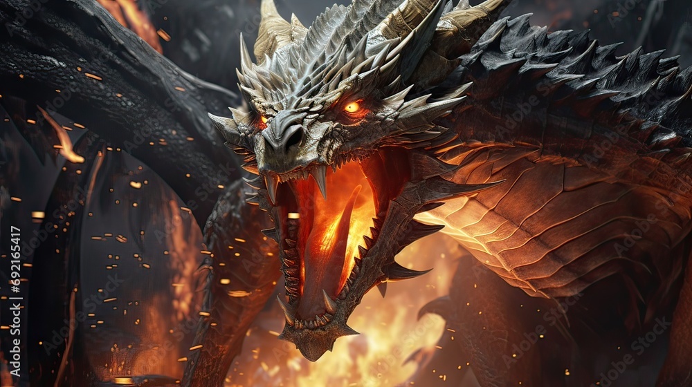 Ferocious dragon emitting scorching flames with a deafening roar ...