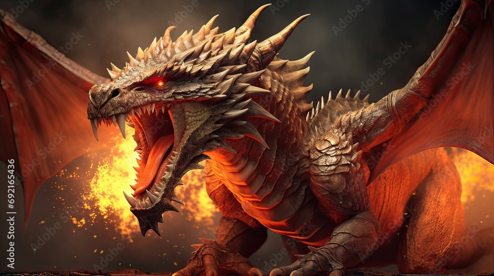 Legendary dragon exhaling roaring flames with immense power. Mythical ...