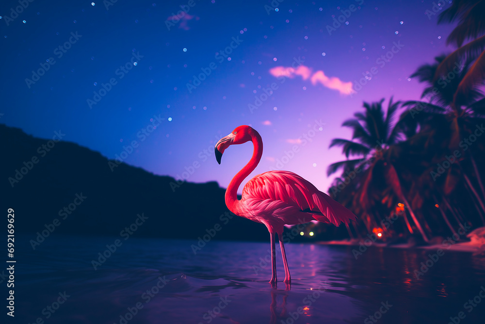 flamingo in tropical water. summer night. star sky. palm tree. paradise ...
