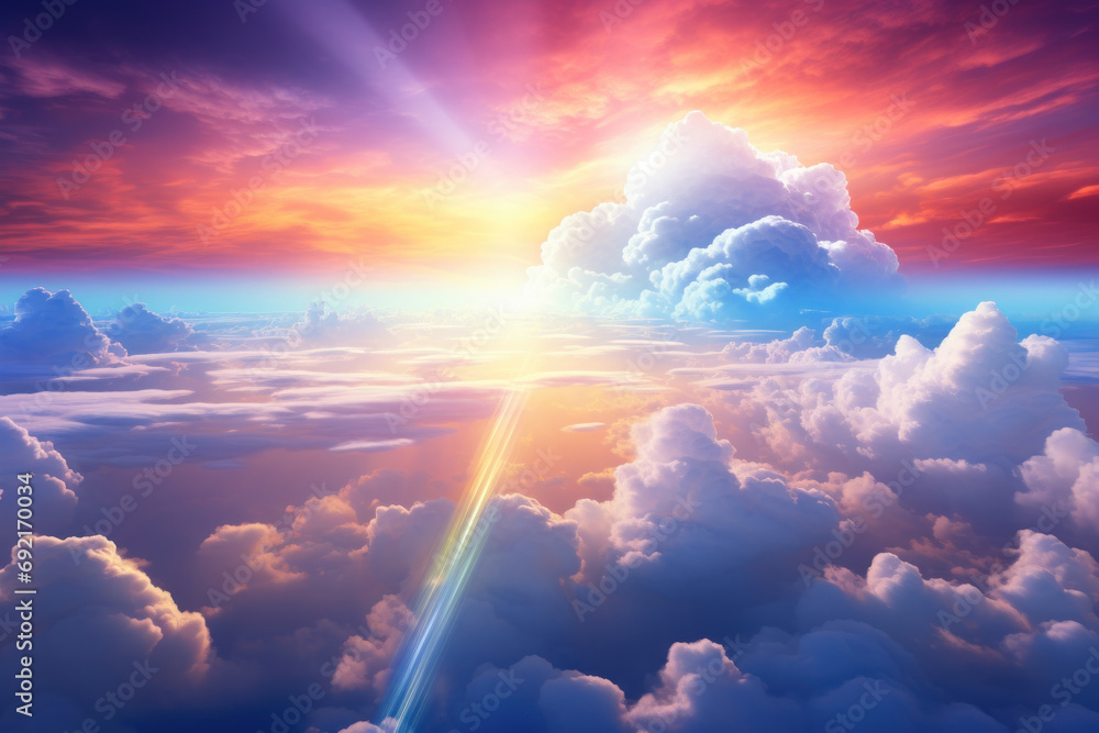 A rainbow stretching across the sky after a storm, radiating a spectrum ...