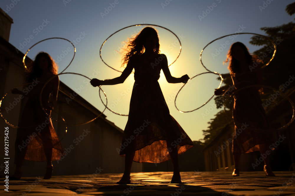 Shadows of girls dancing with hula hoops, their movements creating ...