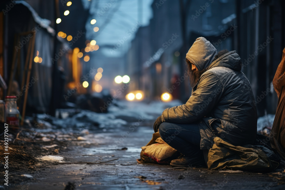 A solitary figure huddled in a tattered sleeping bag, finding temporary ...
