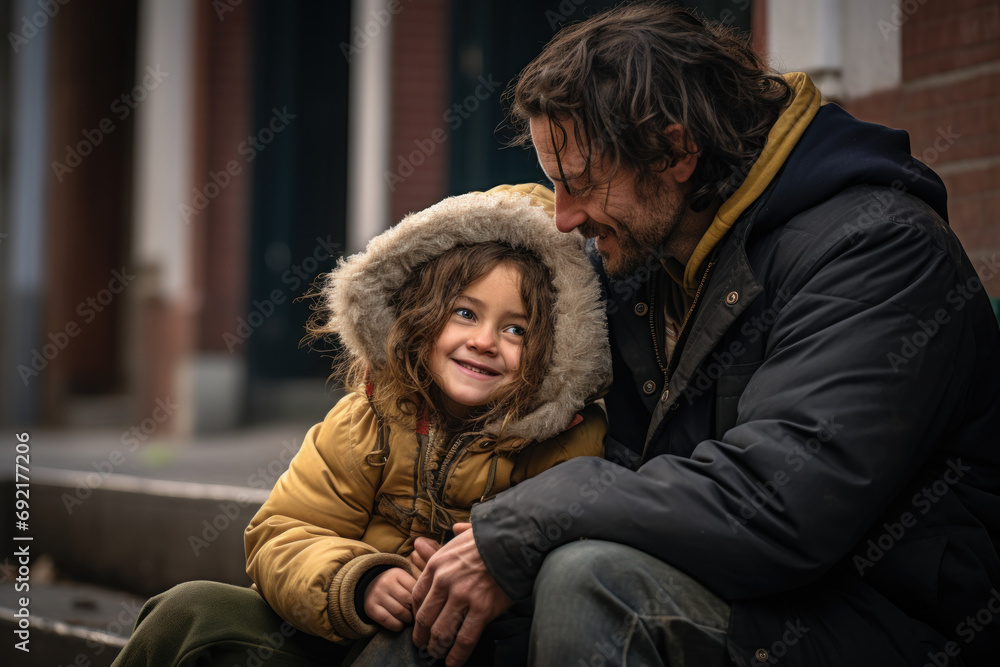 A young child sitting on a stoop beside a parent, capturing the ...