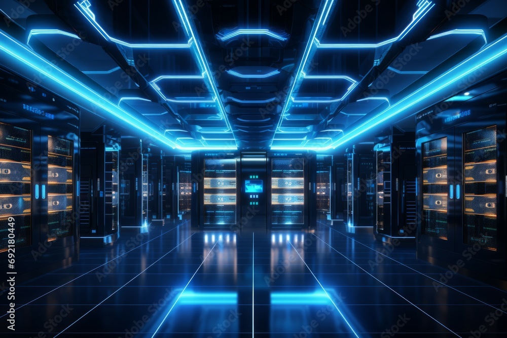 Shot of Data Center With Multiple Rows of Fully Operational Server ...