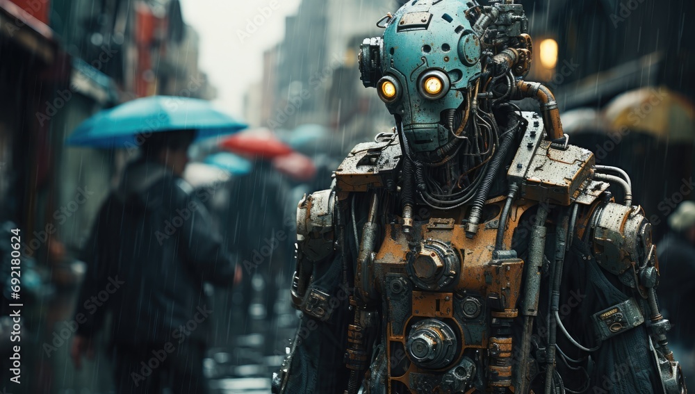 Blue robot with gears walking trough futuristic city in the rain. Stock ...