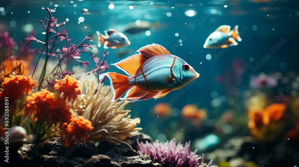 A tropical fish with silver scales and bright orange fins swims among ...