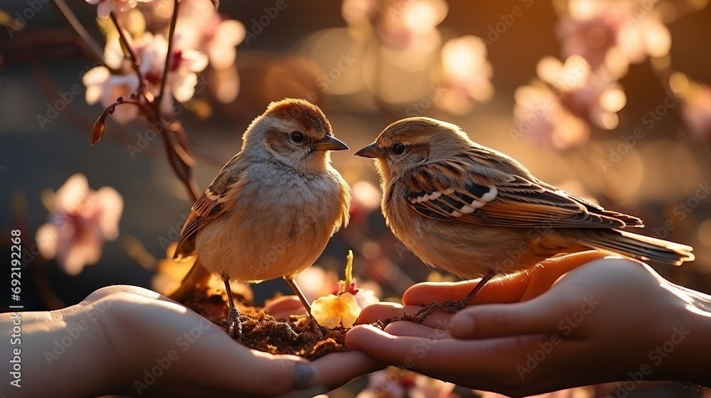 Sparrows feed from the hand against the backdrop of spring blossoms ...