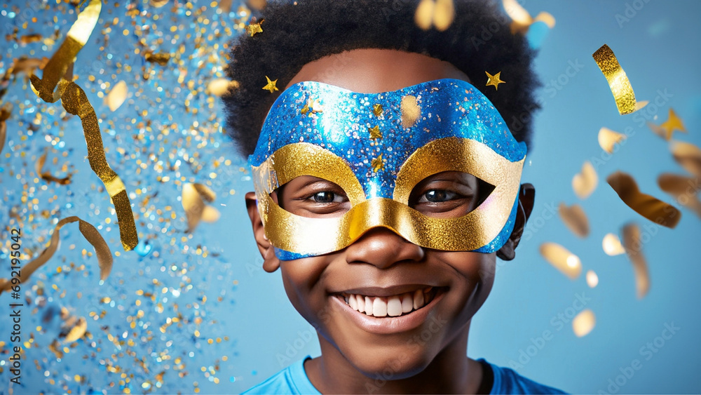 Close em rosto de um menino, com máscara de carnaval azul e dourada ...