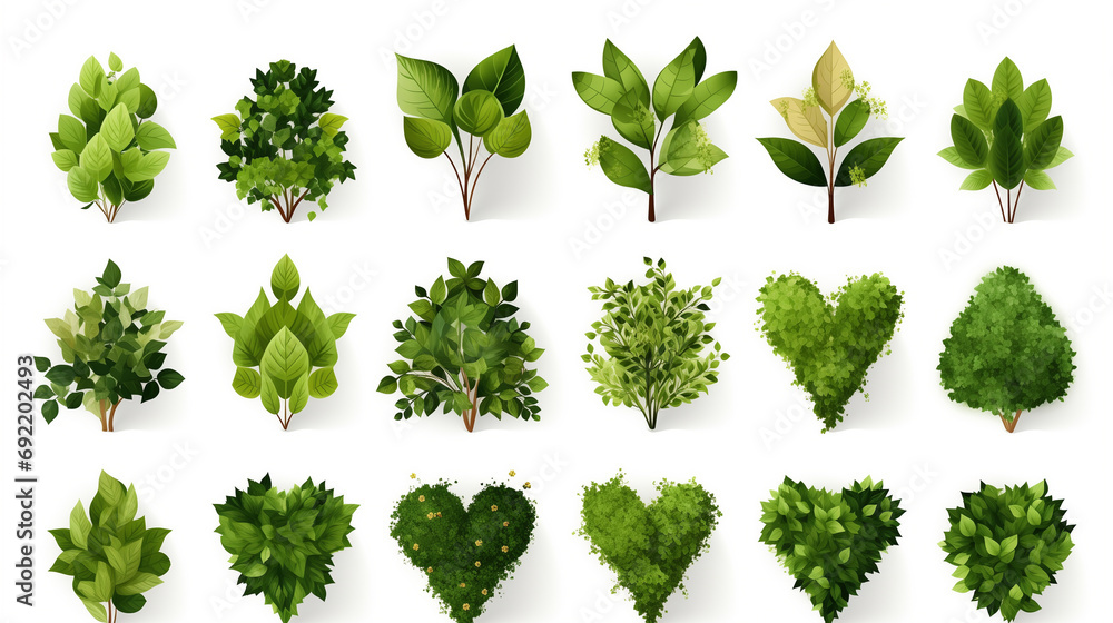 Green eco signs and plants collection in one image in different shapes ...