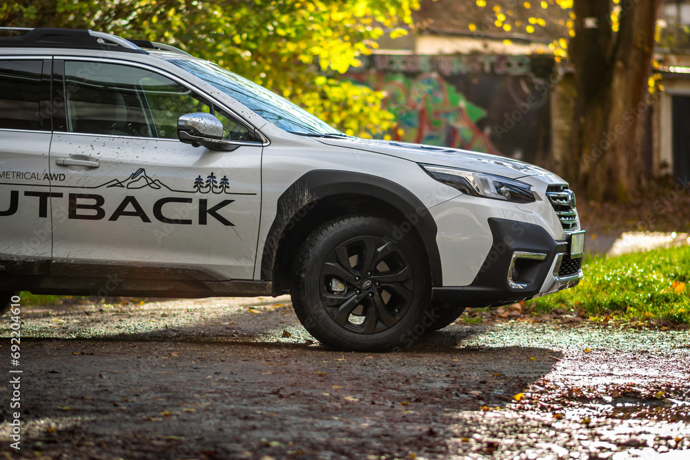White Subaru Outback SUV in the forest in nature. A large station wagon ...