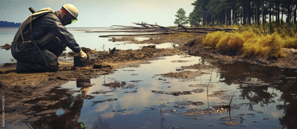 Biologist taking sample of oil spill on big water toxic test damaged ...