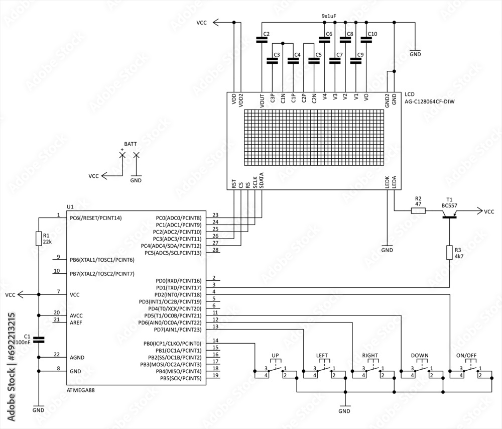Vector drawing of the electrical schematic diagram of an electronic ...