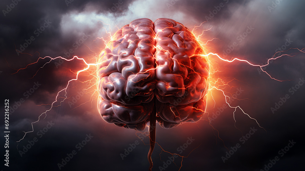 Brain with red lightning in the stormy sky. Mind power and energy. Pain ...
