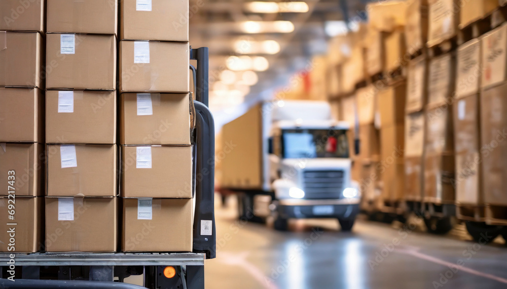 Warehouse worker loading shipment carton boxes on truck to warehouse ...