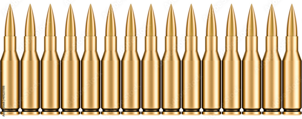 Row from assault rifle bullets, 3D rendering isolated on transparent ...